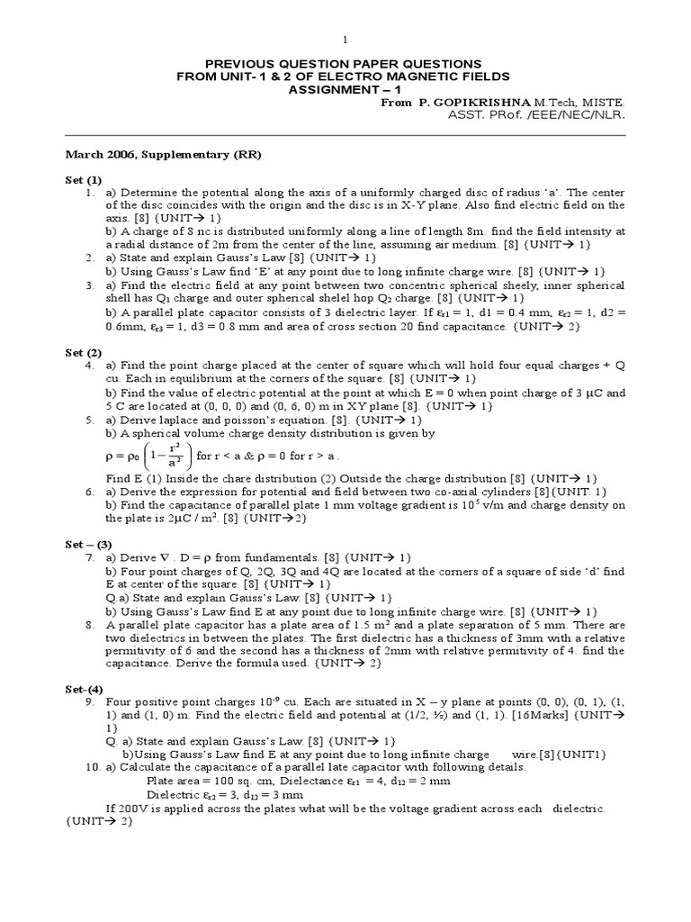 Emf Questions For Assignment | PDF | Dielectric | Capacitor