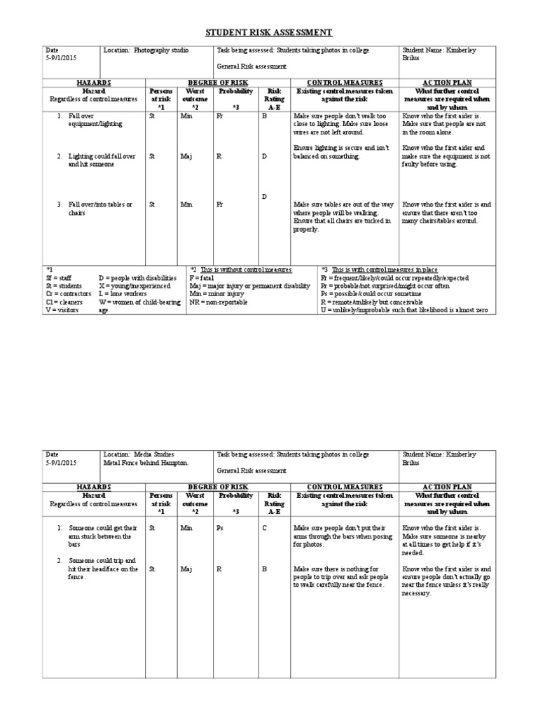 Student Risk Assessment | PDF | First Aid | Risk