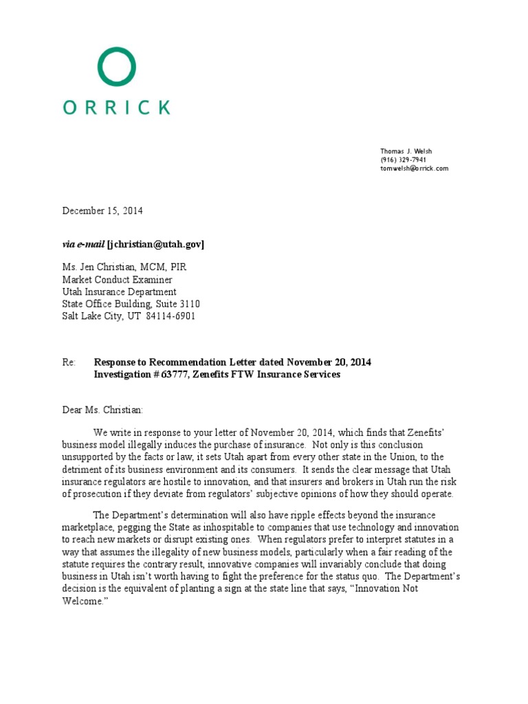 Zenefits Response to Utah Insurance Findings | PDF | Federal Trade ...
