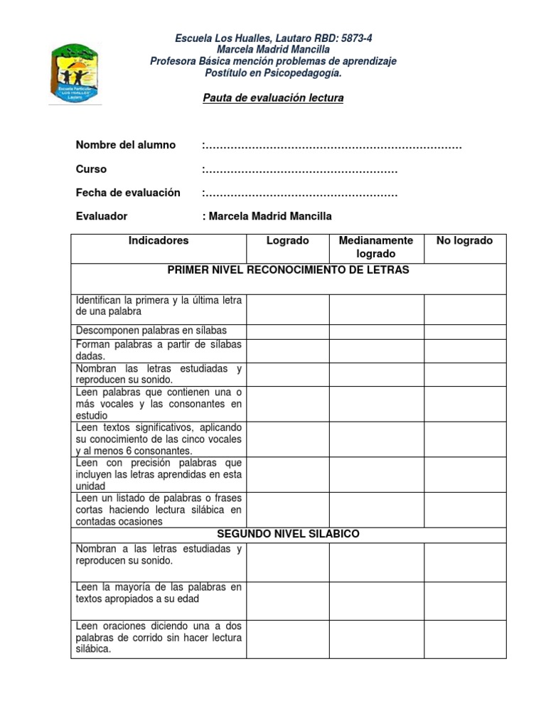 Pauta de Evaluación Lectura