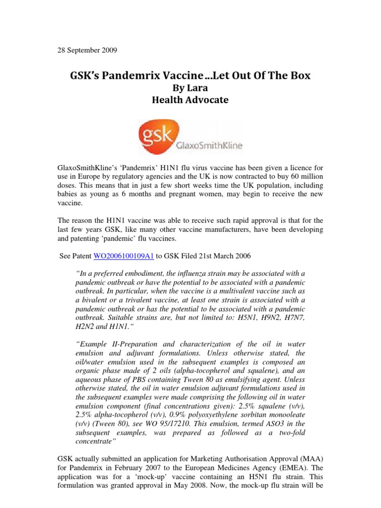 GSK's Pandemrix Vaccine Let Out of The Box by Lara Health Advocate ...