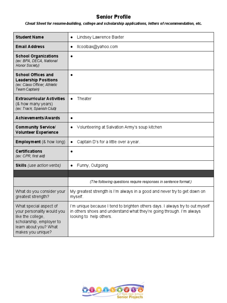 Senior Profile: Cheat Sheet For Resume Building, College and ...