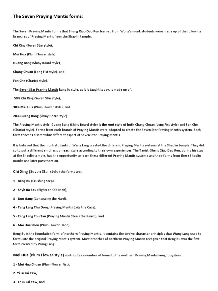 Seven Star Praying Mantis Forms Guide | PDF | Chinese Martial Arts | China