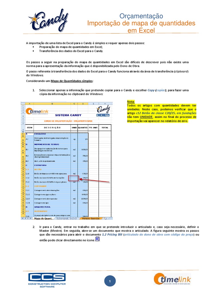 Candy Nota Técnica 01 Importar Mapa de Quantidades Em Ficheiro Excel ...