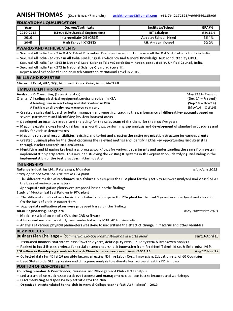 Resume Anish Thomas | PDF | Innovation | Mechanical Engineering