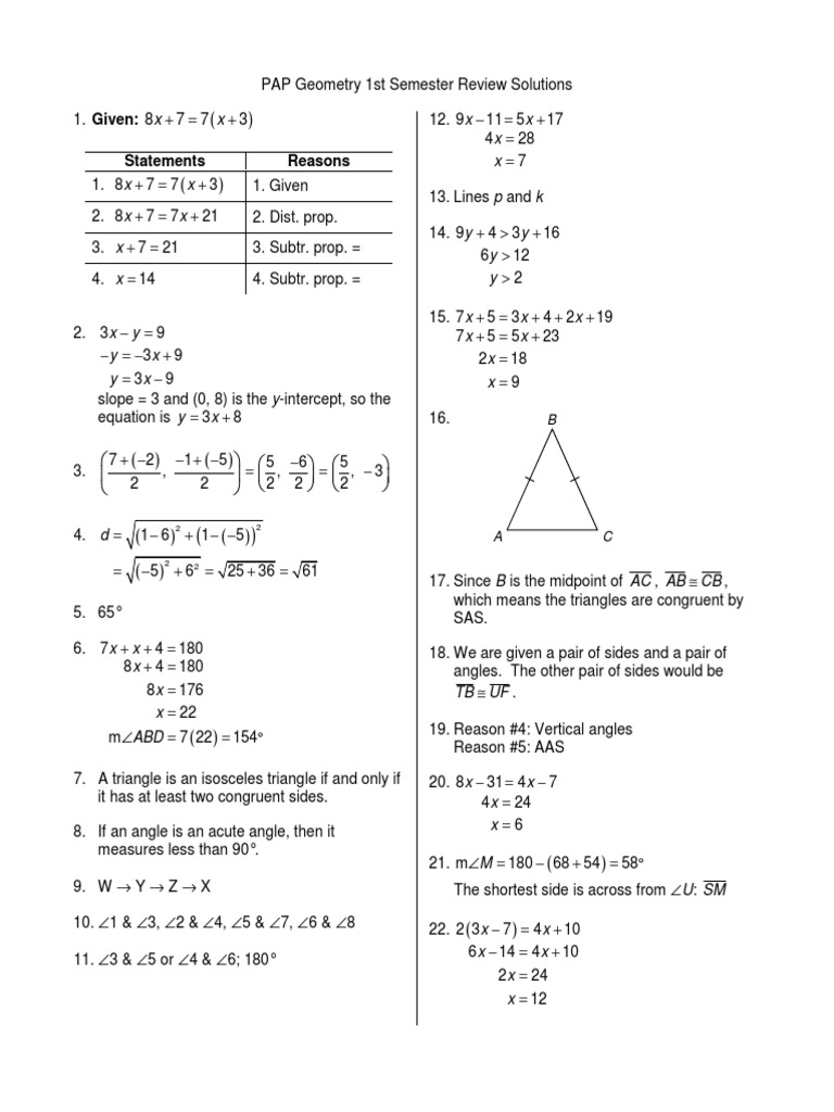PAP Geometry 1st Semester Exam Review Solutions | PDF | Triangle ...