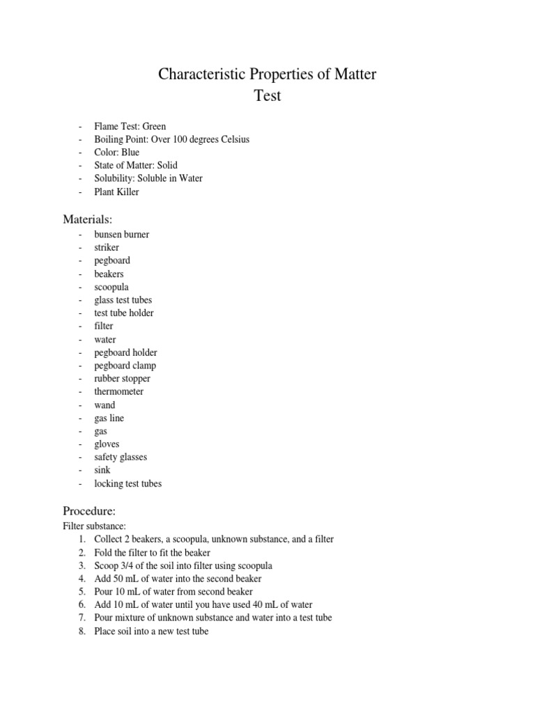 Characteristic Properties of Matter Test: Materials | PDF