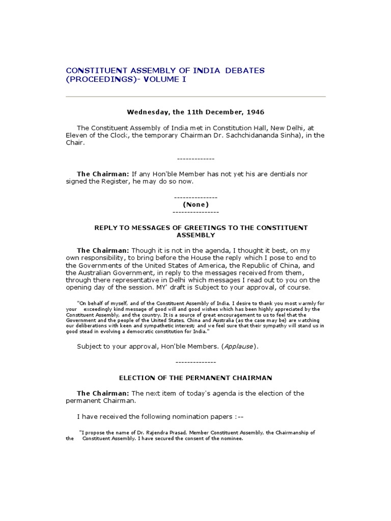 Constituent Assembly of India Debates (Proceedings) - Volume I ...