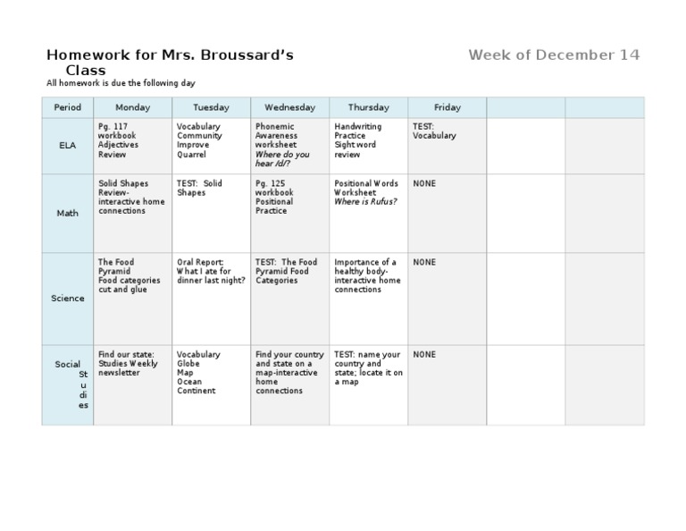 Weekly Homework Overview: Dec 14 | PDF