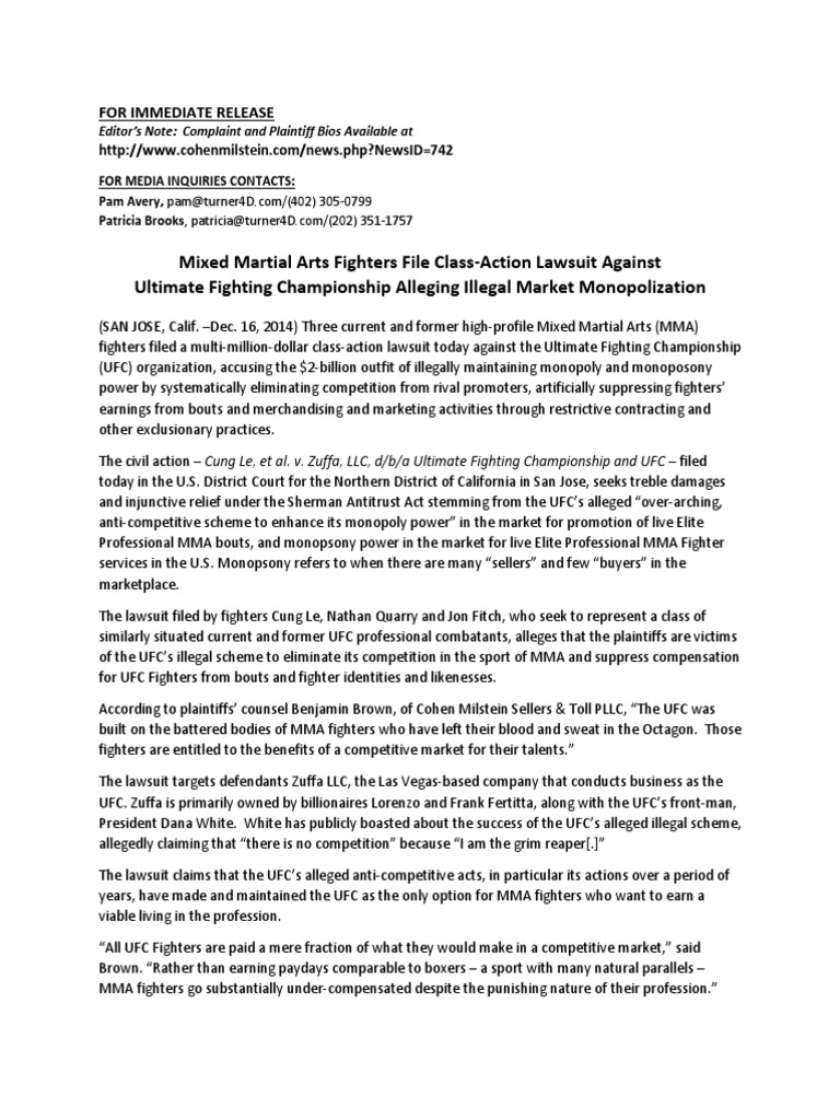 MMA Fighters Sue UFC for Monopoly Practices | PDF | Ultimate Fighting ...