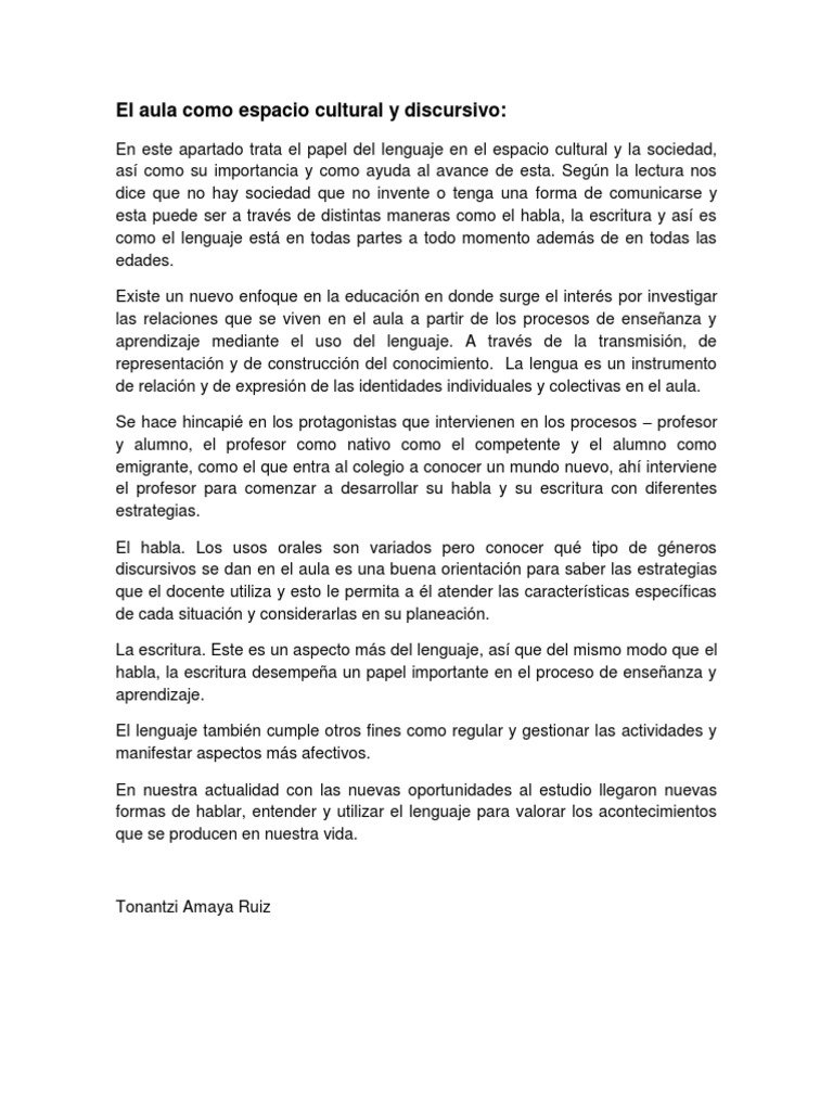 El Aula Como Espacio Cultural y Discursivo | PDF