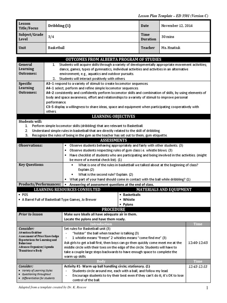 Pe-Basketball - Dribbling 1 | PDF | Educational Assessment | Lesson Plan