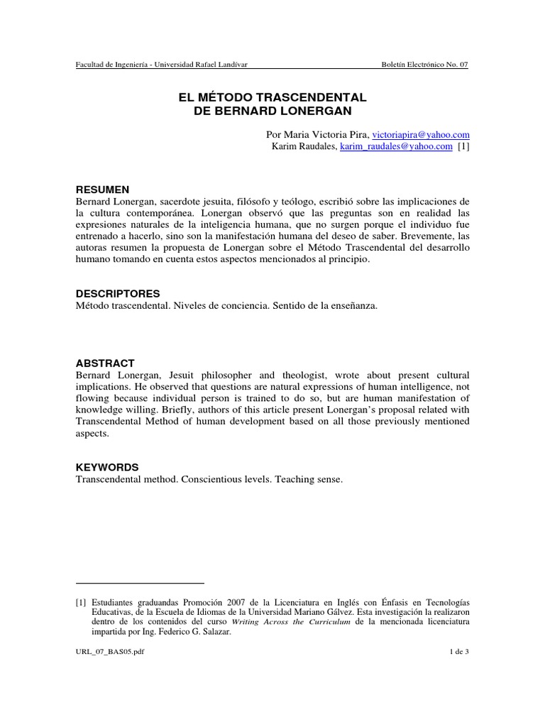 FILOSOFIA - El Metodo Trascendental en B. Lonergan | PDF | Existencialismo | Conocimiento