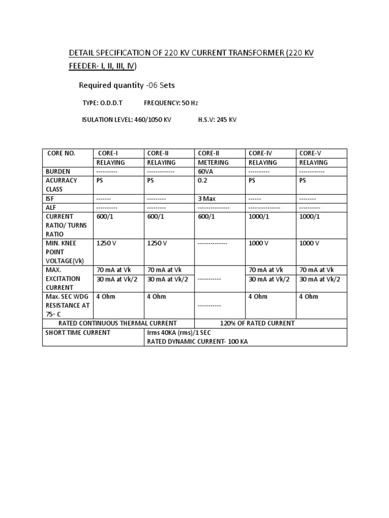 220 KV Current Transformer Specifications | PDF