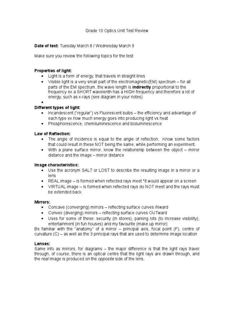 Grade 10 Optics Unit Test Review | PDF | Lens (Optics) | Refraction