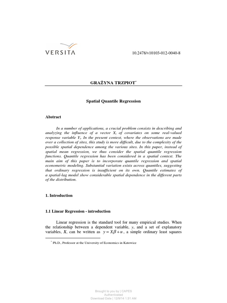 Spatial Quantile Regression by GRAŻYNA TRZPIOT | PDF | Instrumental ... Spatial Quantile Regression by GRAŻYNA TRZPIOT | PDF | Instrumental ...