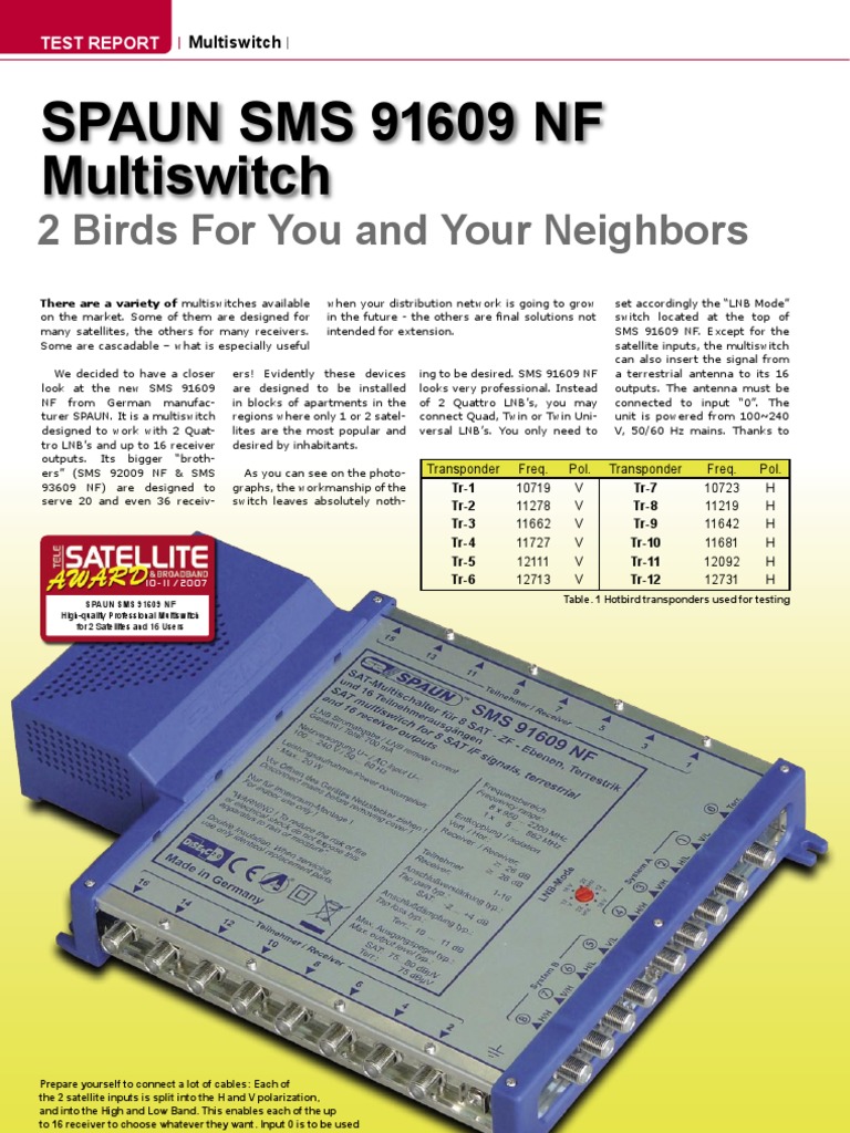SPAUN SMS 91609 NF Multiswitch Review | PDF | Broadcasting | Electronic ...