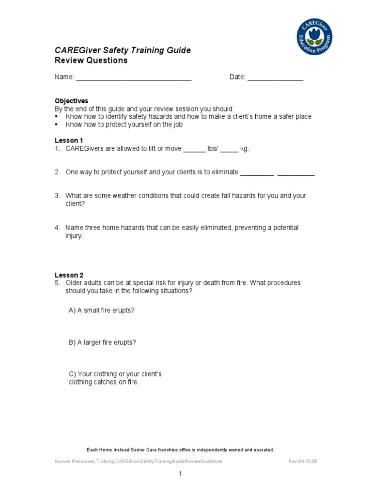 Review Questions: Caregiver Safety Training Guide | PDF | Caregiver ...