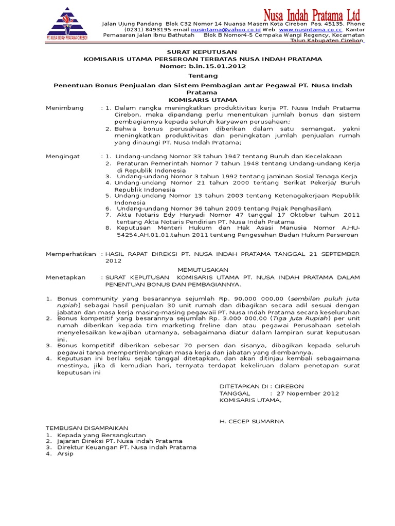 Surat Keputusan - Bonus | PDF