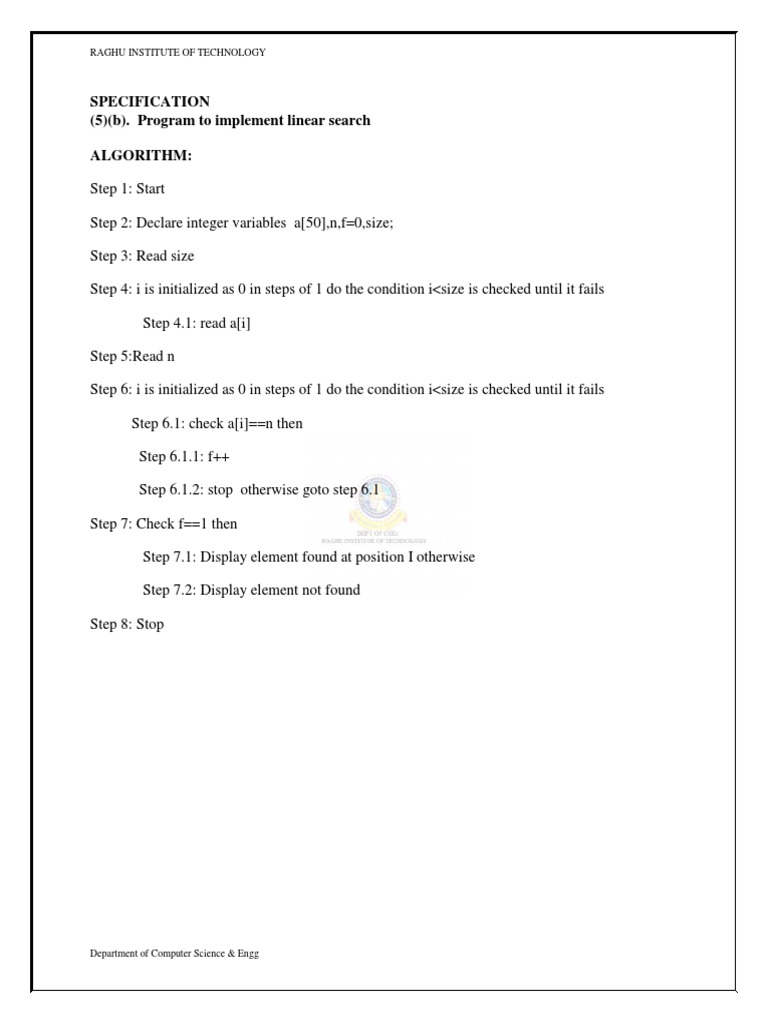 Specification (5) (B) - Program To Implement Linear Search Algorithm | PDF