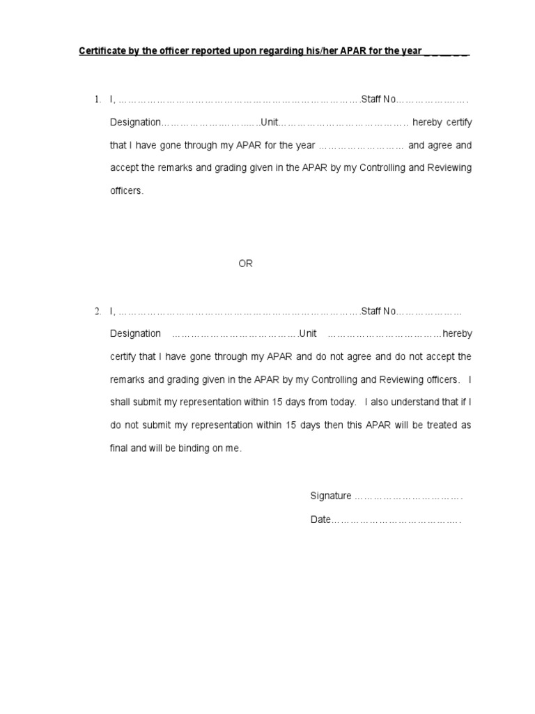 Certificate by The Officer Reported Upon Regarding His/her APAR For The ...