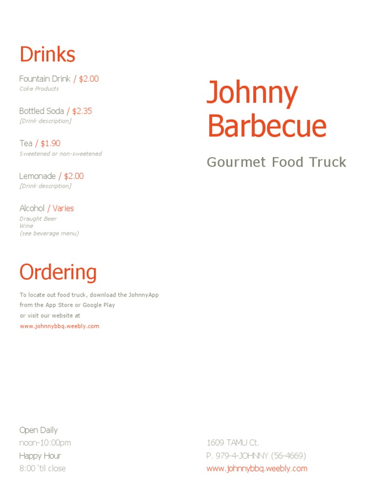 Johnny BBQ Food Truck Menu & Drinks | PDF