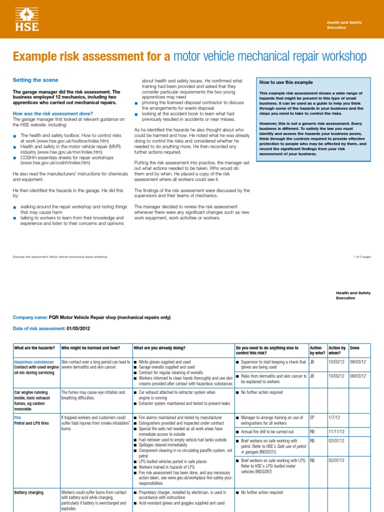 Motor Vehicle Mechanical Repair Workshop: Example Risk Assessment For A ...