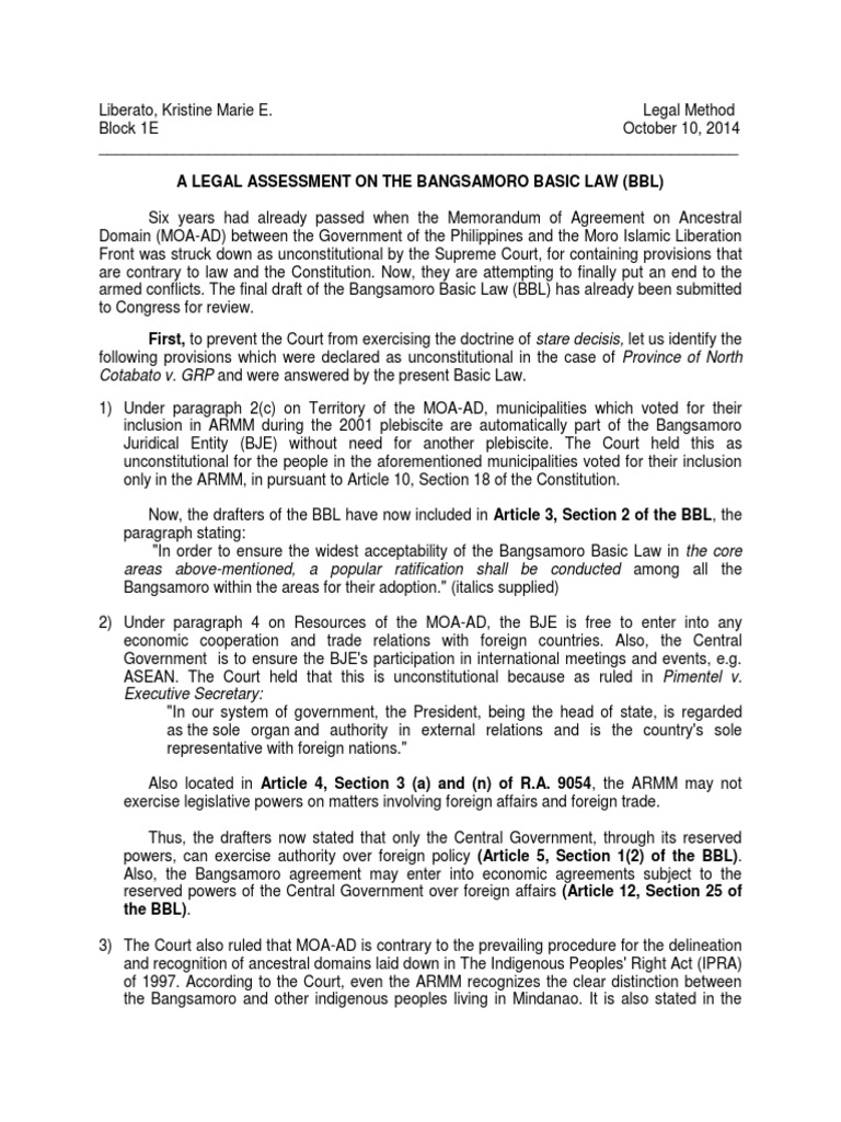 A Legal Assessment On The Bangsamoro Basic Law (BBL) | PDF | Judiciaries | Political Charters
