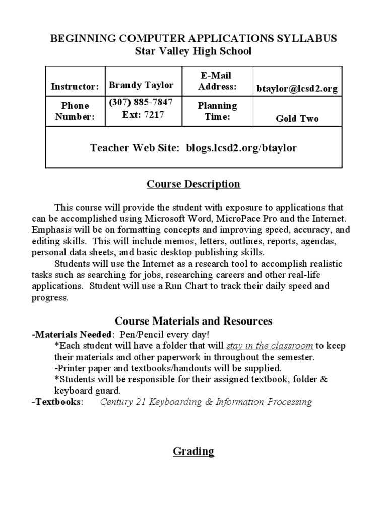 Beginning Computer Applications Syllabus Star Valley High | PDF ...