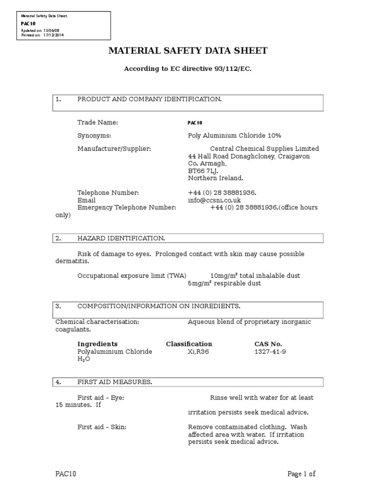 Material Safety Data Sheet for Polyaluminium Chloride 10% Solution ...