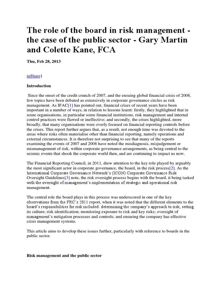 The Role of The Board in Risk Management - The Case of The Public ...