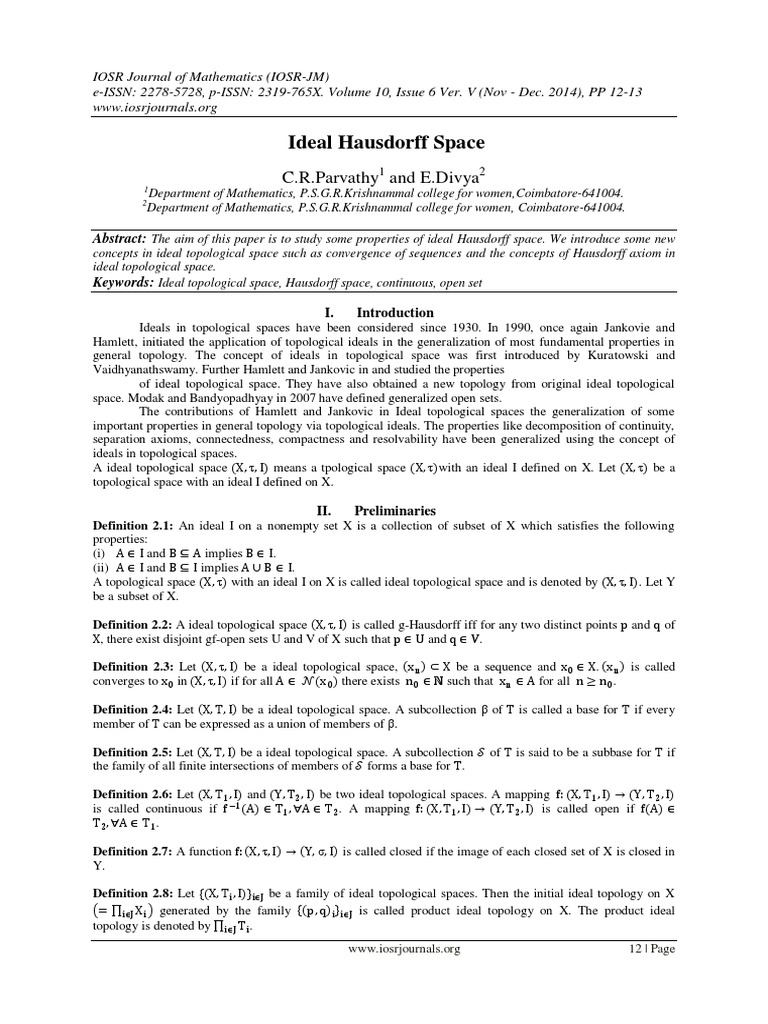 Ideal Hausdorff Space | PDF | Topology | Mathematical Structures