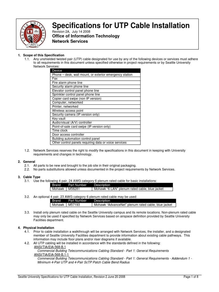 Specifications For UTP Cable Installation | PDF | Equipment ...