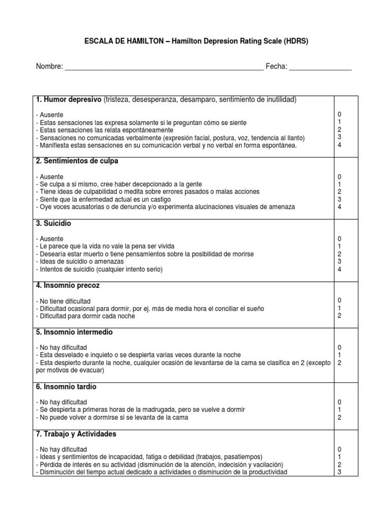 Escala de Hamilton para la Depresión | PDF | Depresión (estado de ánimo ...