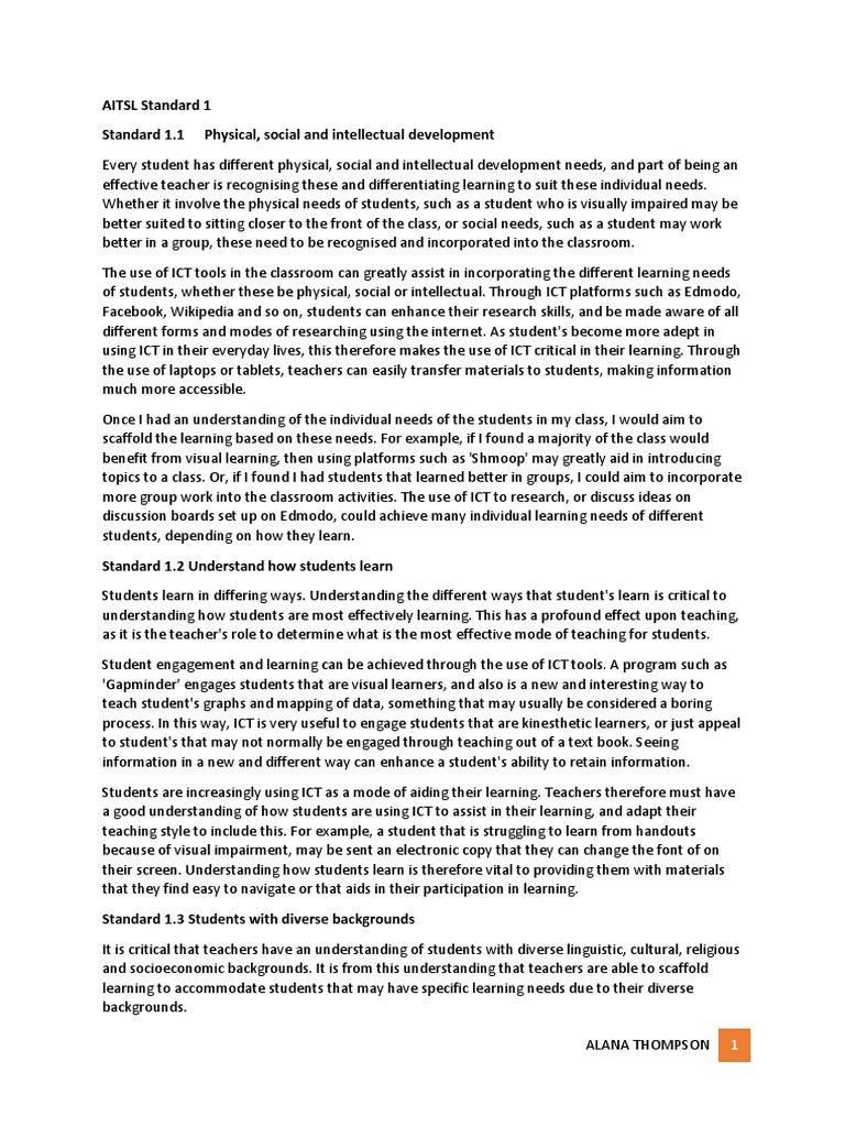 AITSL Standard 1 Elaboration | PDF | Educational Technology | Classroom