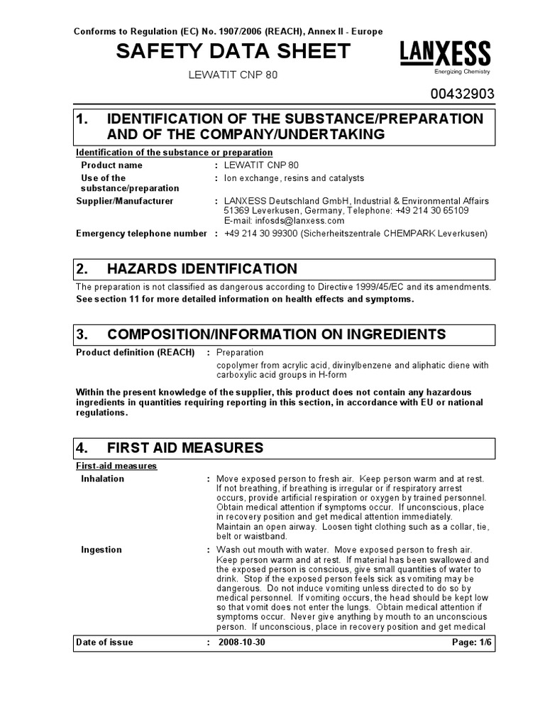 Lewatit CNP 80 Safety Data Sheet | PDF | Dangerous Goods | Personal ...