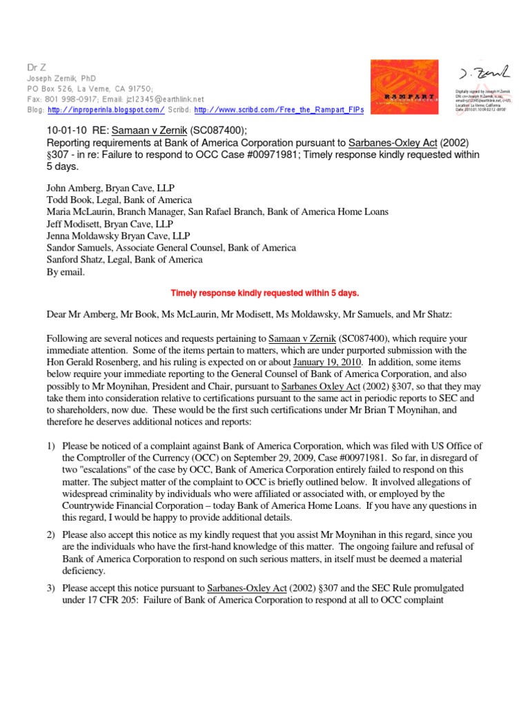 10-01-10 Samaan V Zernik (SC087400) Bank of America: Noticing Bryan Cave LLP and Sandor Samuels ...