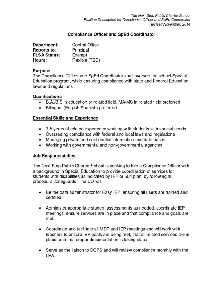 Compliance Officer and SpEd Coordinator | PDF | Special Education ...