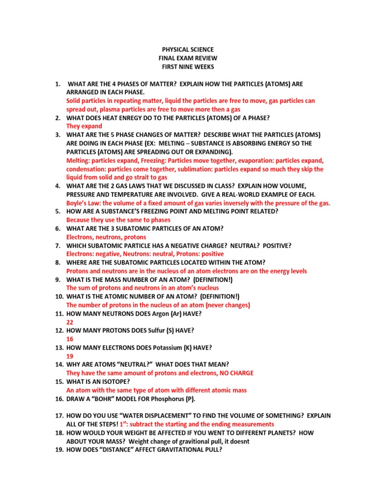 9th Grade Physical Science Exam Review | PDF | Atoms | Matter