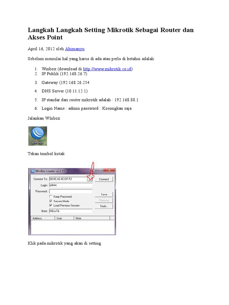 Langkah Langkah Setting Mikrotik Sebagai Router Dan Akses | PDF