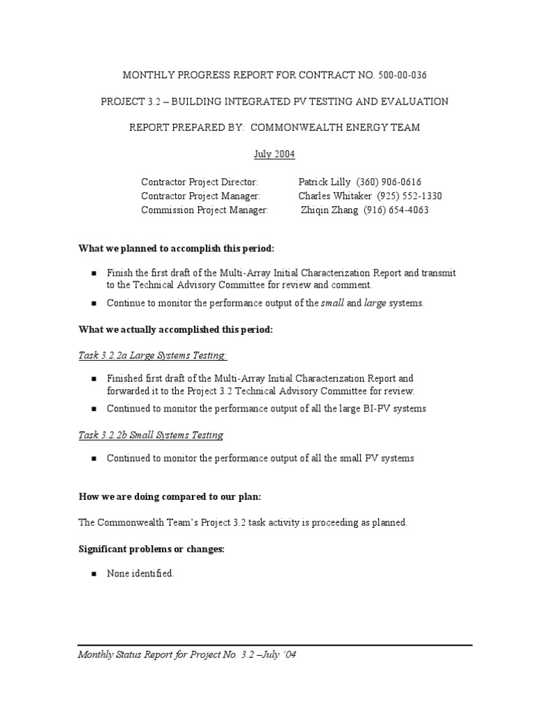 Monthly Progress Reports P3.2 July04 Final | PDF | Renewable Energy ...