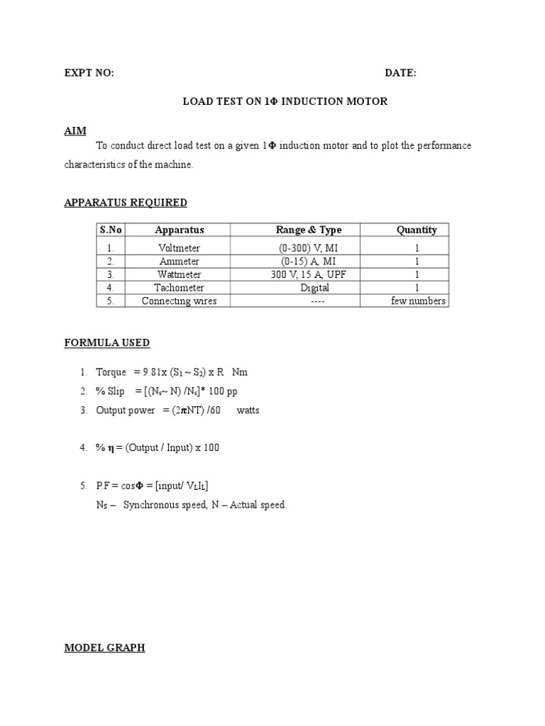 Expt No: Date: Load Test On 1Φ Induction Motor AIM | PDF | Electric ...