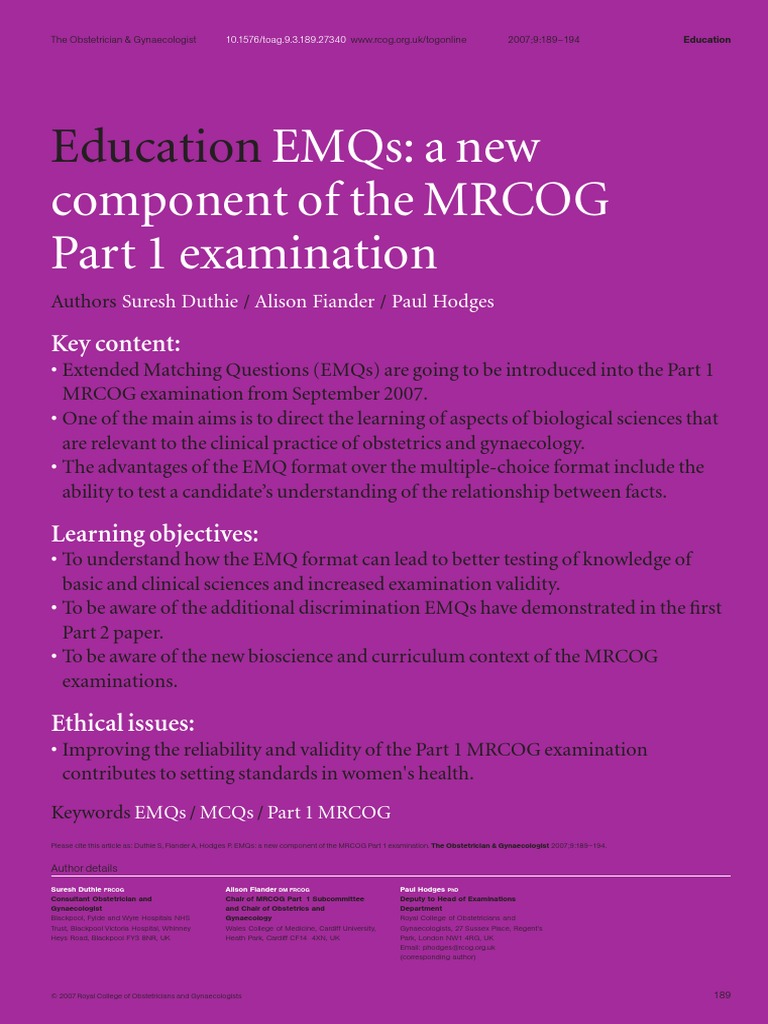 EMQs in MRCOG P1 | PDF | Multiple Choice | Cancer