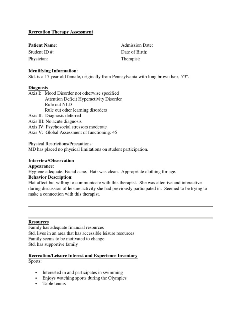 Recreation Therapy Assessment Sample 2 | PDF | Mental Disorder | Foster ...