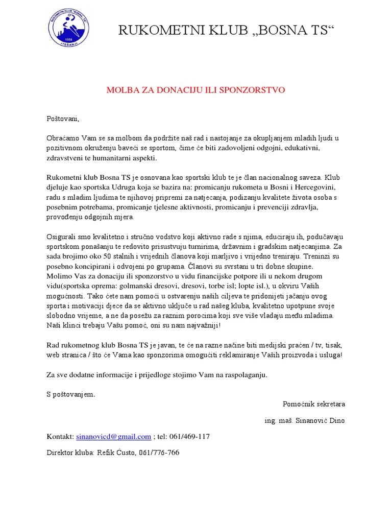 Molba Za Donaciju Ili Sponzorstvo | PDF