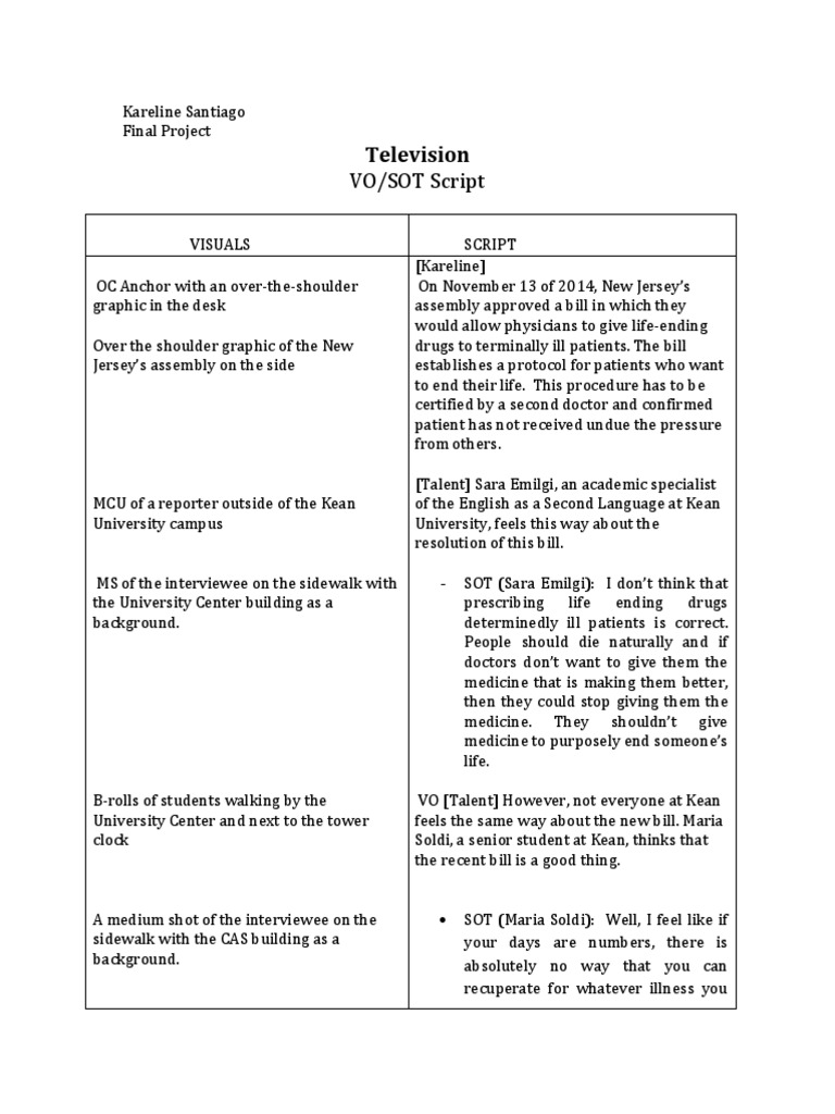 VO/SOT Script on Assisted Dying Debate | PDF | Social Science
