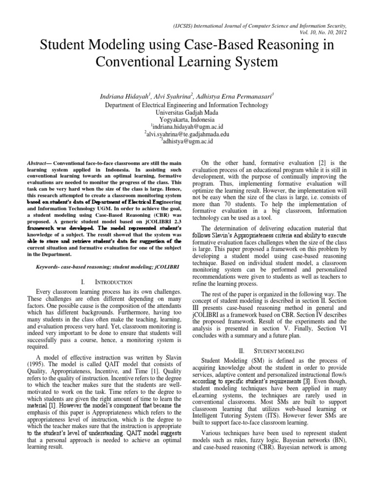 Student Modeling Using Case-Based Reasoning in Conventional Learning System | PDF | Information ...
