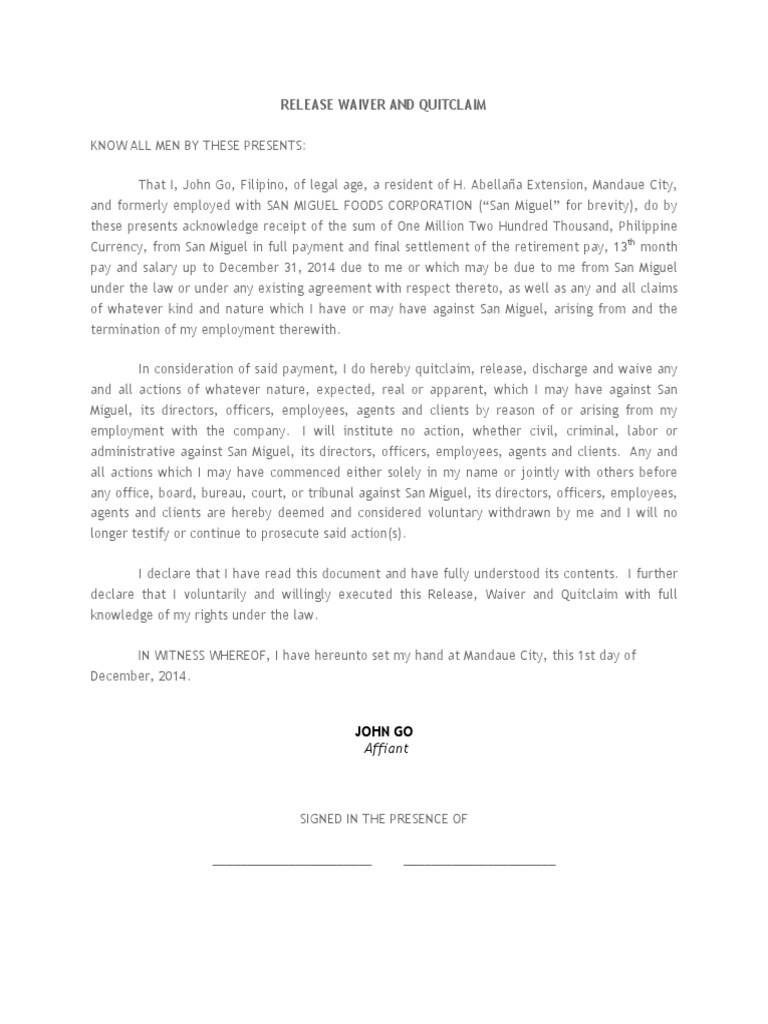 Employee Release Waiver and Quitclaim | PDF