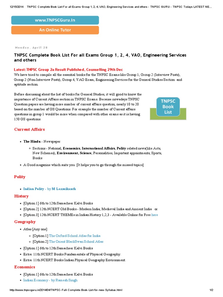 TNPSC Complete Book List For All Exams Group 1, 2, 4, VAO, Engineering ...