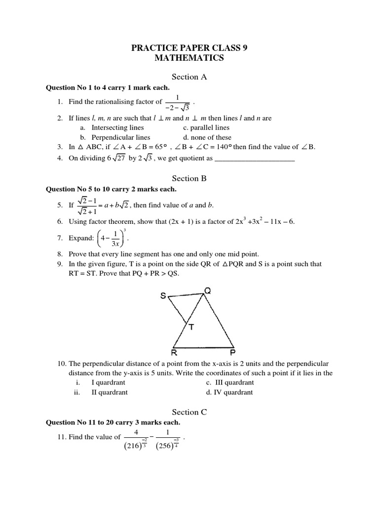 Maths Practice Paper Class 9 CBSE SA1 | PDF | Cartesian Coordinate ...
